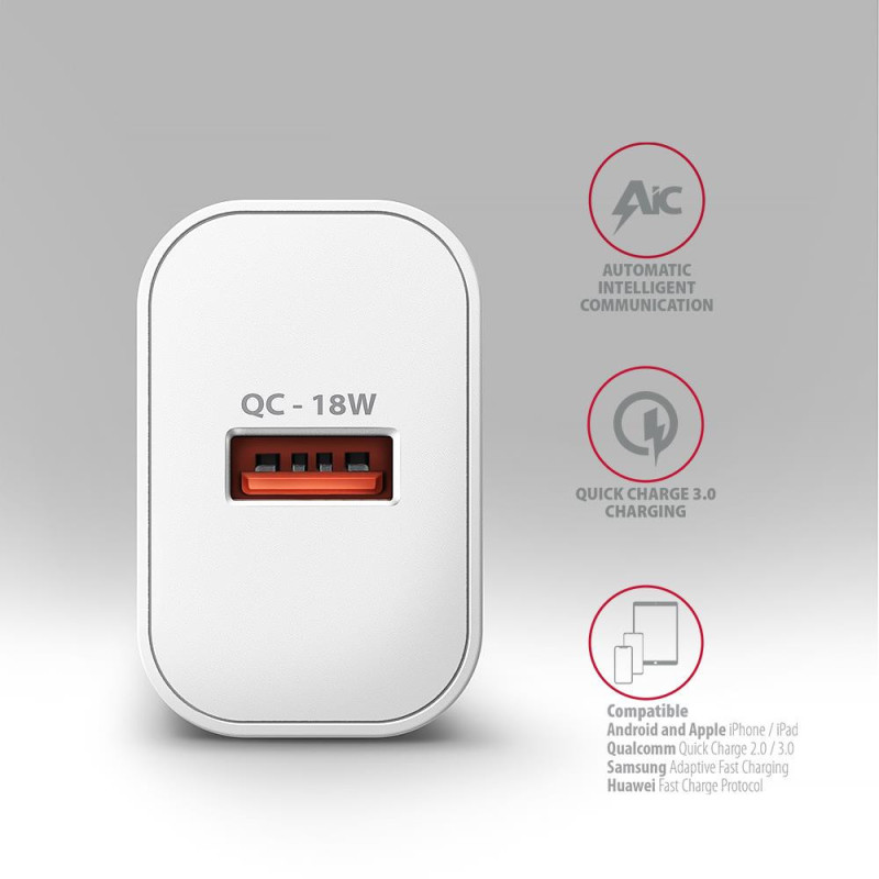 MOBILIOJO ĮKROVIMO SIENINĖ USB 18W 1PORT WHITE ACU-QC18W AXAGON ...