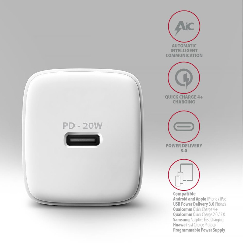 MOBILIOJO ĮKROVIMO SIENĖ USB-C 20W 1PORT WHITE ACU-PD20W AXAGON ...