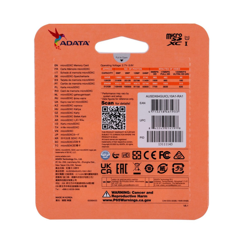 ADATA 64 GB, microSDHC, 10 klasės UHS-I | Marsietis.lt