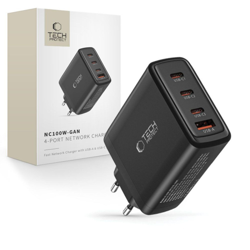 Tech-Protect NC100W-GAN įkroviklio tinklas GaN 3x USB-C PD 100W USB-A ...