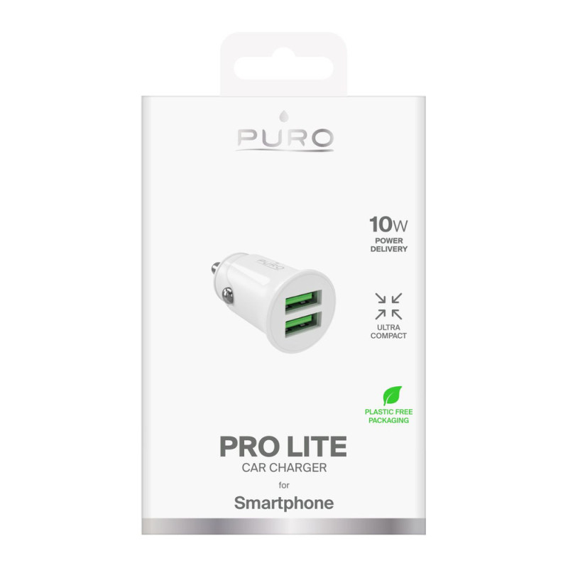 „Puro Pro Lite“ automobilinis įkroviklis, 2 x USB-A, 10 W, baltas ...