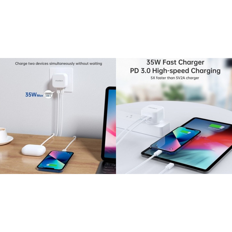 Kroviklis CHOETECH 2x USB Type-C, 35W, PD3.0, Qc3.0 | Marsietis.lt