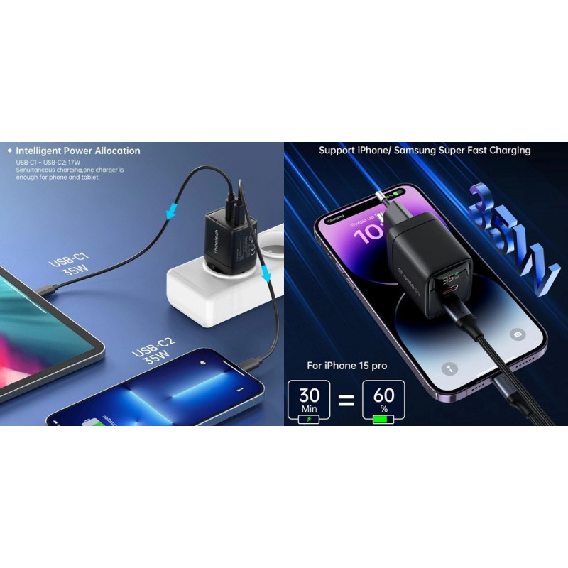 Kroviklis CHOETECH GaN 2xUSB Type-C 35W, PD | Marsietis.lt